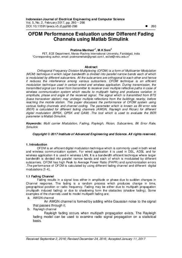 (PDF) OFDM System Performance Evaluation under Different Fading Channels and Channel Coding ...