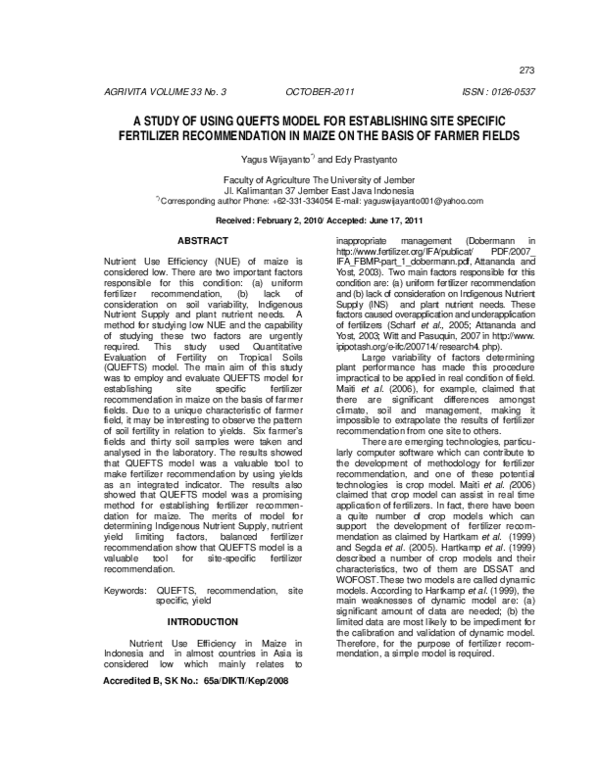 (PDF) A Study of Using Quefts Model for Establishing Site Specific ...