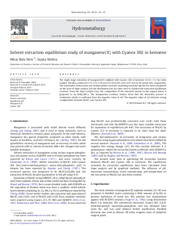 (PDF) Solvent extraction equilibrium study of manganese(II) with Cyanex ...