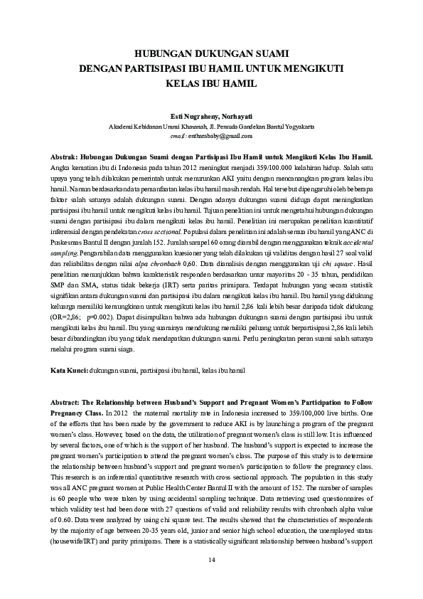 (PDF) Hubungan Dukungan Suami Dengan Partisipasi Ibu Hamil Untuk Mengikuti Kelas Ibu Hamil