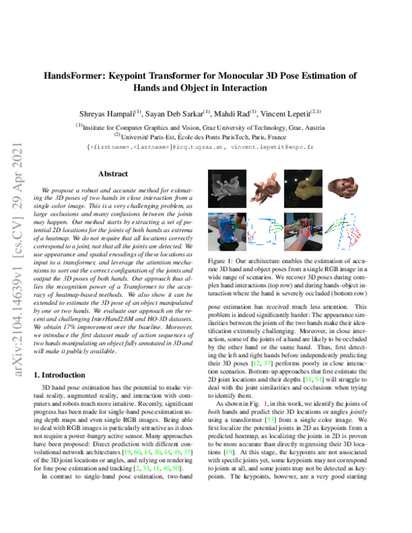 (PDF) HandsFormer: Keypoint Transformer for Monocular 3D Pose Estimation ofHands and Object in ...
