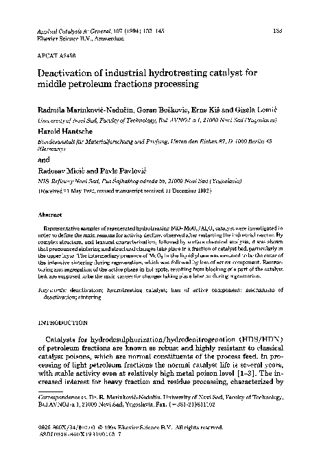 (PDF) Deactivation of industrial hydrotreating Catalyst for middle ...