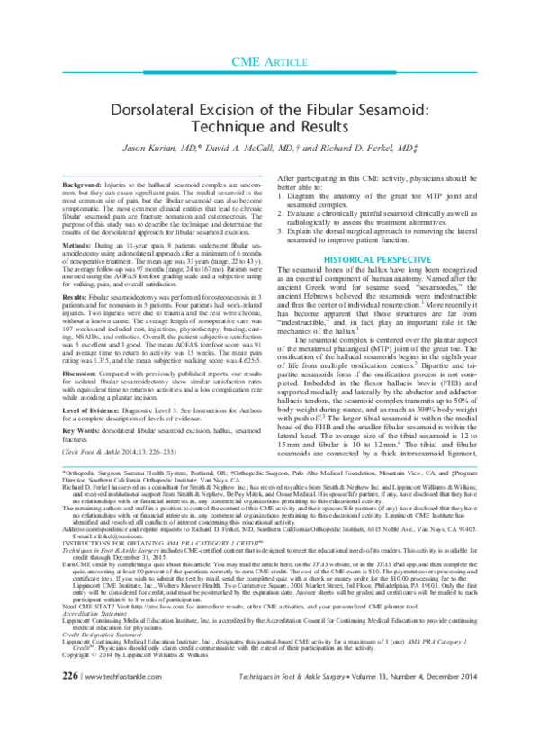 (PDF) Dorsolateral Excision of the Fibular Sesamoid