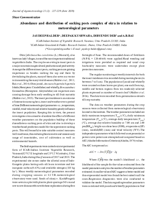Pdf Abundance And Distribution Of Sucking Pests Complex Of Okra In Relation To Meteorological