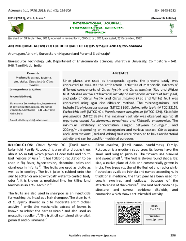 (PDF) ANTIMICROBIAL ACTIVITY OF CRUDE EXTRACT OF CITRUS HYSTRIX AND ...
