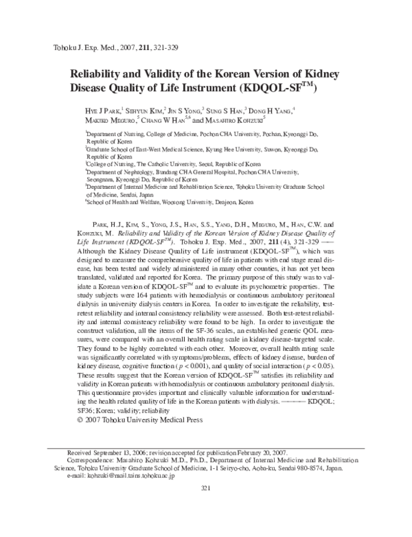 (PDF) Reliability and Validity of the Korean Version of Kidney Disease Quality of Life ...