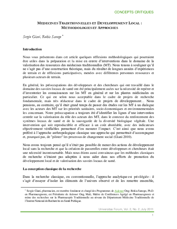 (PDF) Medecines Traditionnelles et Developpement Local : Methodologies et Approches