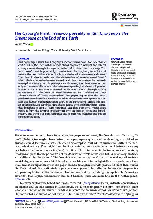(PDF) The Cyborg's Plant: Trans-corporeality in Kim Cho-yeop's The ...