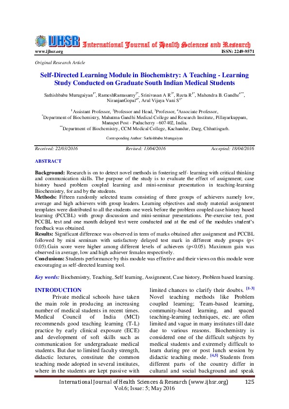 (PDF) Self-Directed Learning Module in Biochemistry: A Teaching - Learning Study Conducted on ...