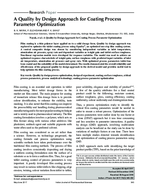 (PDF) A Quality by Design Approach for Coating Process Parameter Optimization