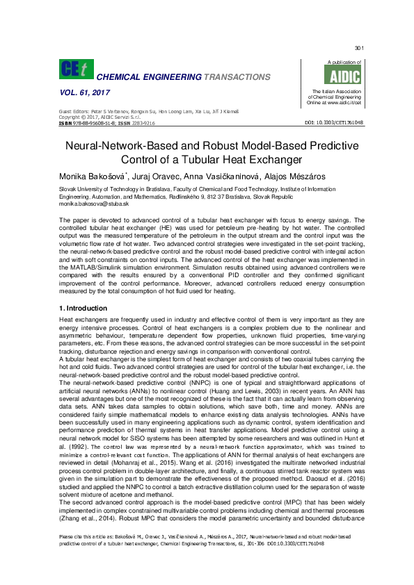 Pdf Neural Network Based And Robust Model Based Predictive Control Of