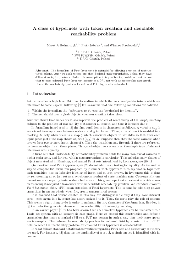 (PDF) A Class of Hypernets with Token Creation and Decidable Reachability Problem | Wieslaw ...