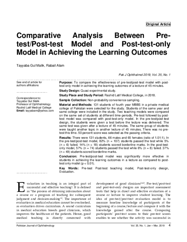 (PDF) Comparative Analysis Between Pre-test/Post-test Model and Post ...