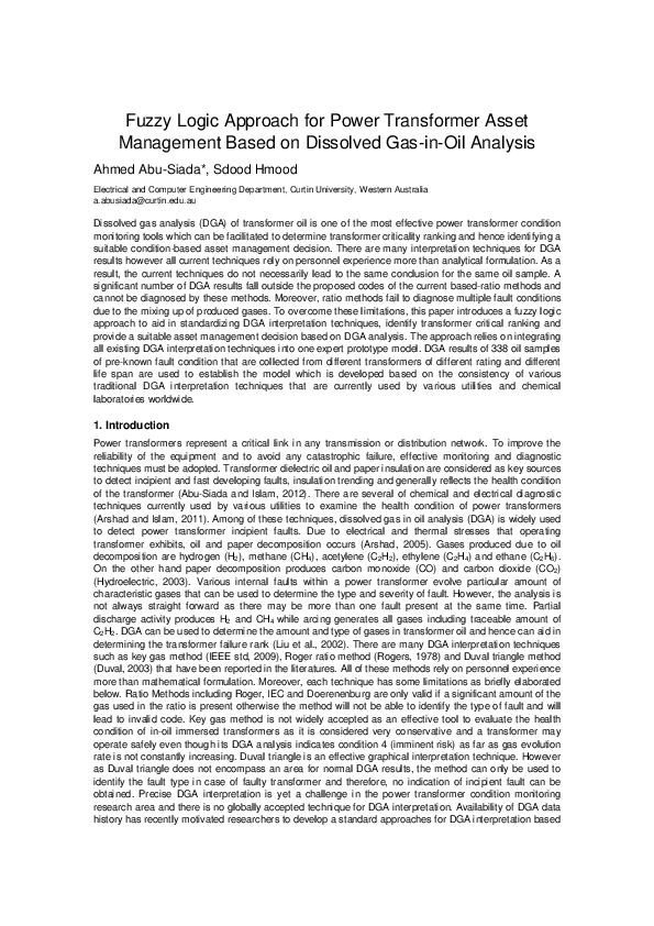 Pdf Fuzzy Logic For Transformer Condition Monitoring Via Dga