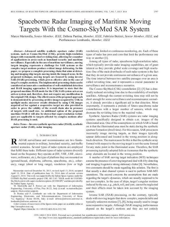 Pdf Spaceborne Radar Imaging Of Maritime Moving Targets With The Cosmo Skymed Sar System