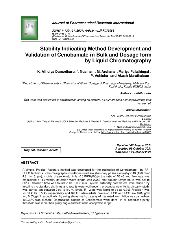 (PDF) Stability Indicating Method Development and Validation of Cenobamate in Bulk and Dosage ...