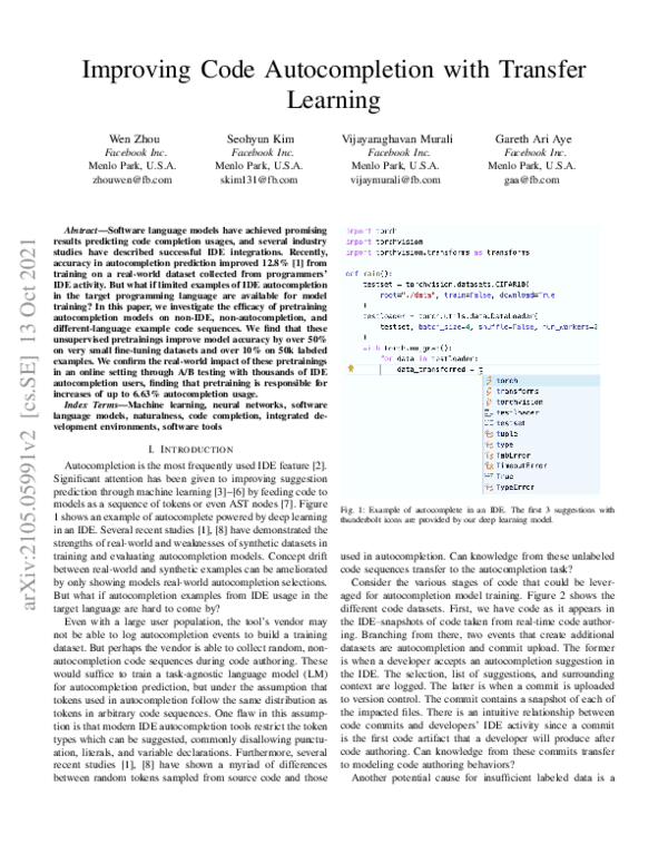 (PDF) Improving Code Autocompletion with Transfer Learning