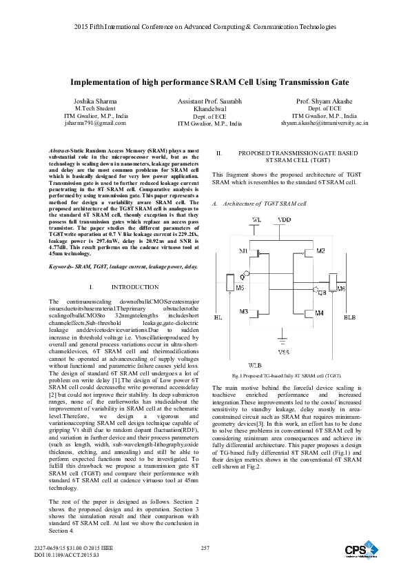 (PDF) Implementation of High Performance SRAM Cell Using Transmission Gate