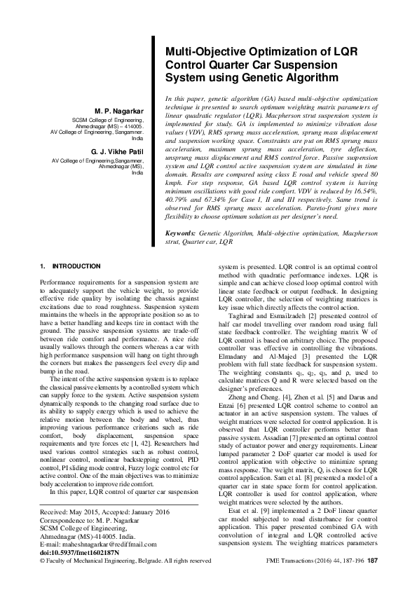 (PDF) Multi-Objective Optimization of LQR Control Quarter Car Suspension System using Genetic ...