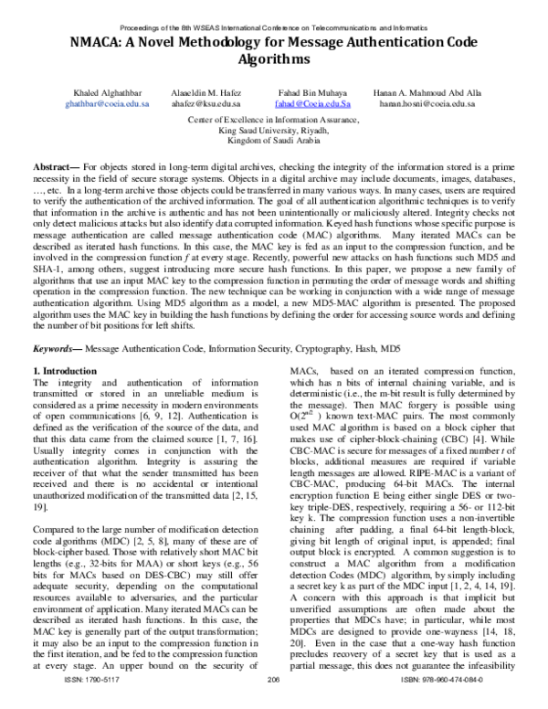(PDF) NMACA: a novel methodology for message authentication code algorithms