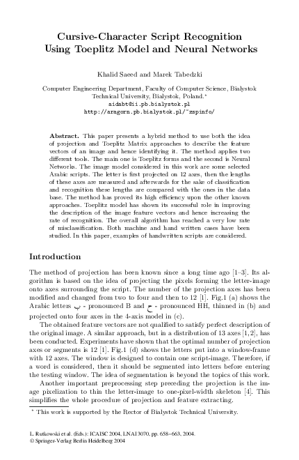 (PDF) Cursive-character script recognition using Toeplitz model and neural networks
