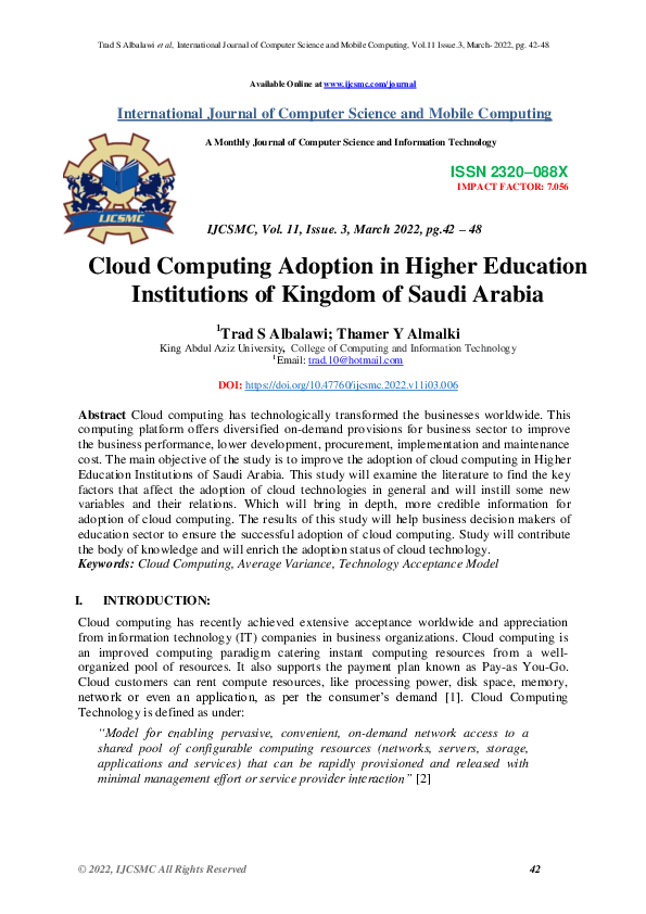 (PDF) Cloud Computing Adoption in Higher Education Institutions of Kingdom of Saudi Arabia
