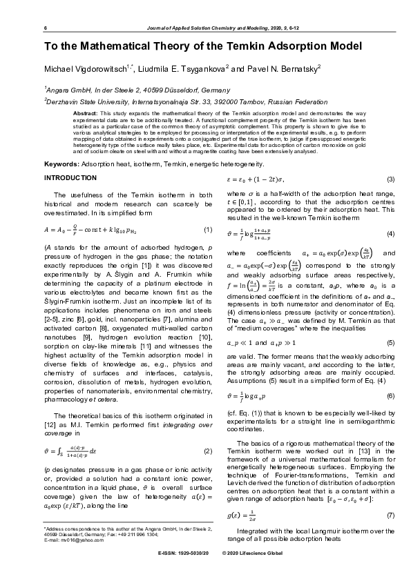 (PDF) To the Mathematical Theory of the Temkin Adsorption Model