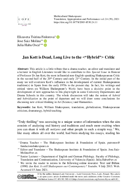 (PDF) Jan Kott is Dead, Long Live to the ˂"Hybrid"˃ Critic