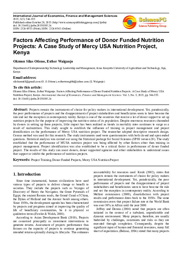 (PDF) Factors Affecting Performance of Donor Funded Nutrition Projects: A Case Study of Mercy ...
