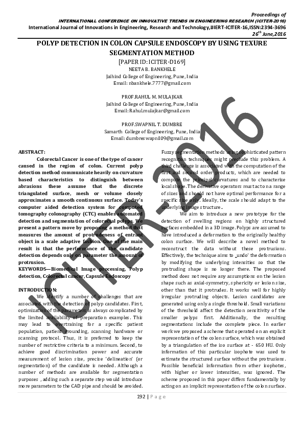 Pdf Polyp Detection In Colon Capsule Endoscopy By Using Texure Segmentation Method