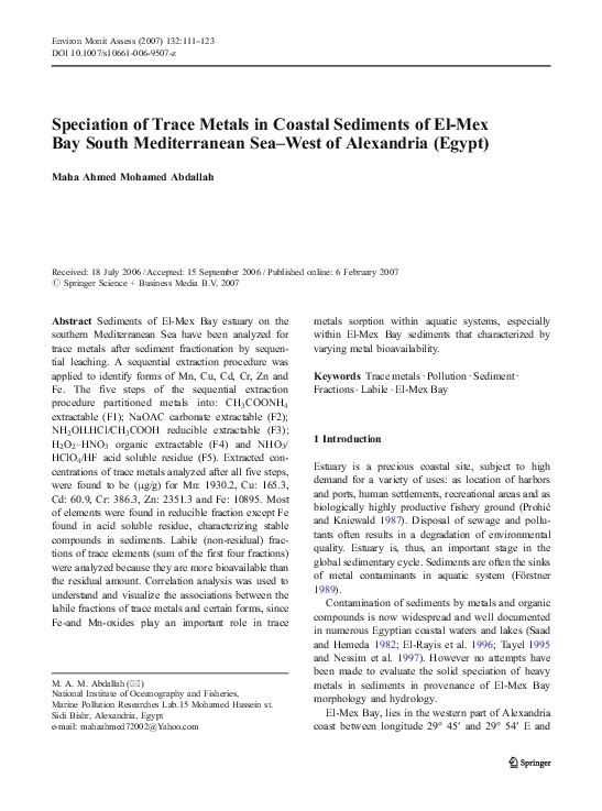 (PDF) Speciation of Trace Metals in Coastal Sediments of El-Mex Bay South Mediterranean Sea West ...