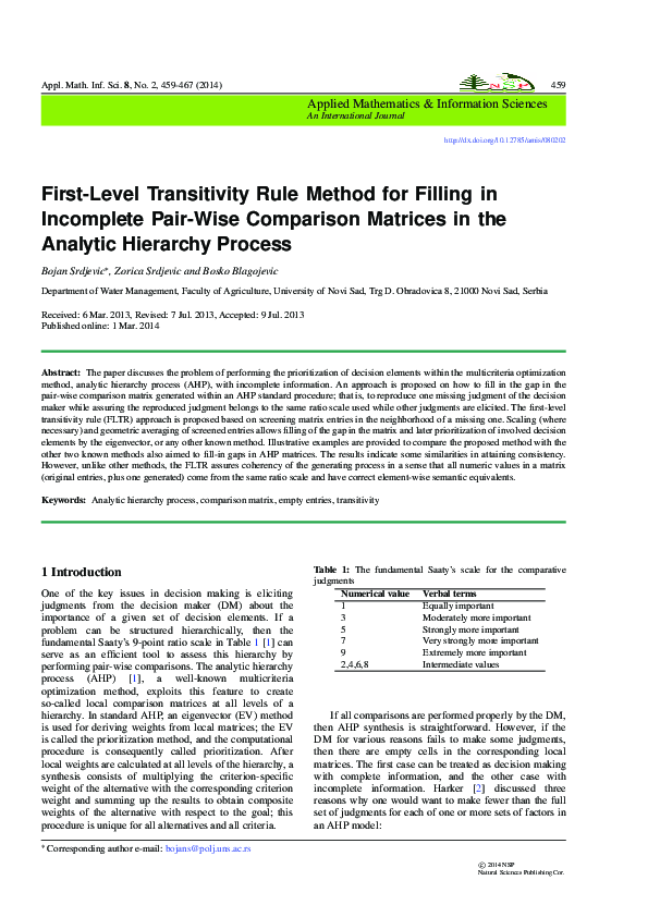 (PDF) First-Level Transitivity Rule Method for Filling in Incomplete Pair-Wise Comparison ...