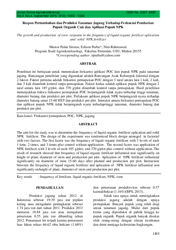 (PDF) Respon Pertumbuhan dan Produksi Tanaman Jagung Terhadap Frekuensi Pemberian Pupuk Organik ...