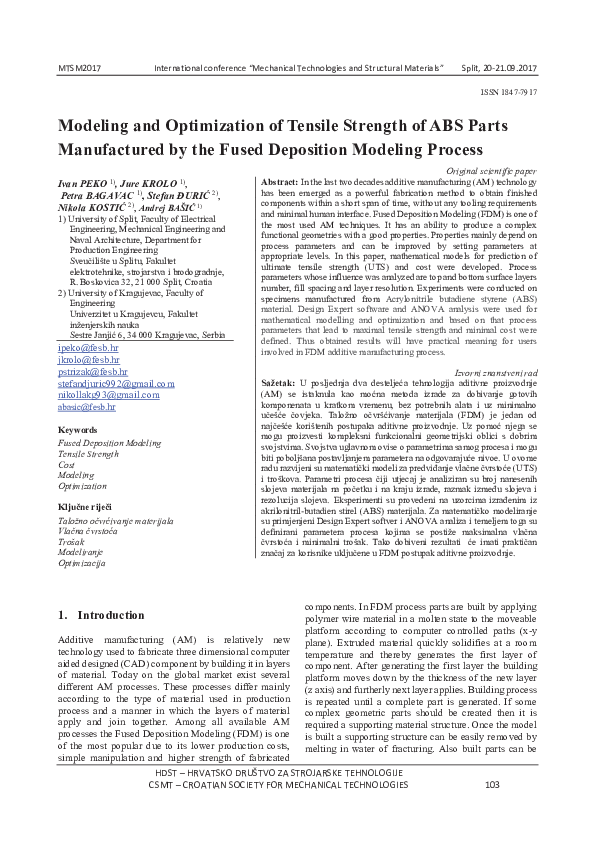 (PDF) Modeling and Optimization of Tensile Strength of ABS Parts Manufactured by the Fused ...