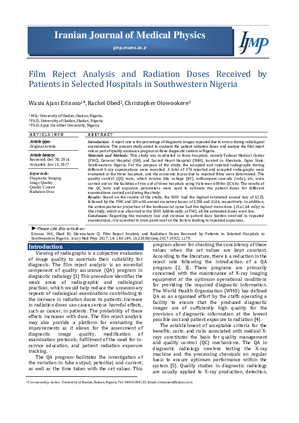 (PDF) Film Reject Analysis and Radiation Doses Received by Patients in ...