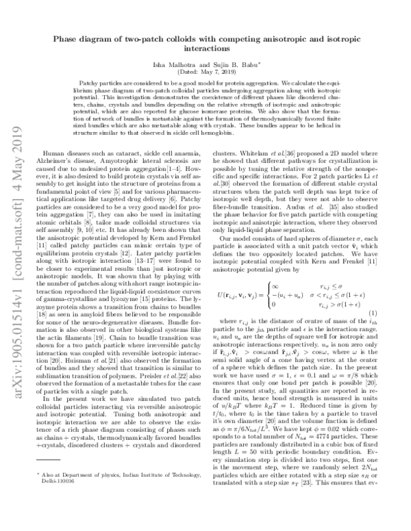 (PDF) Phase diagram of two-patch colloids with competing anisotropic and isotropic interactions