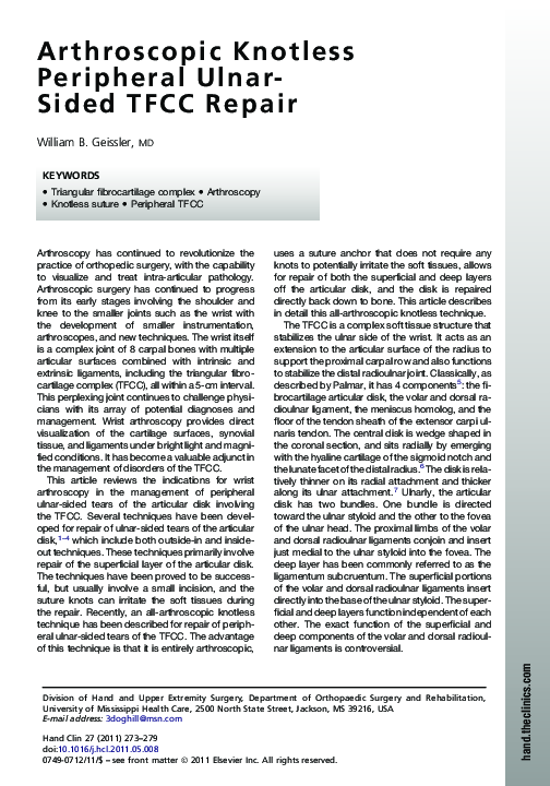 (PDF) Arthroscopic Knotless Peripheral Ulnar-Sided TFCC Repair