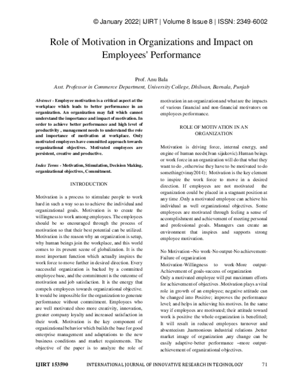 (PDF) Role of Motivation in Organizations and Impact on Employees ...