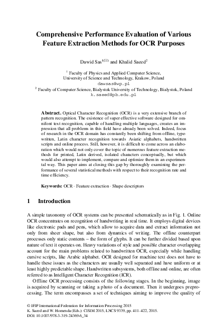 (PDF) Comprehensive Performance Evaluation of Various Feature Extraction Methods for OCR Purposes