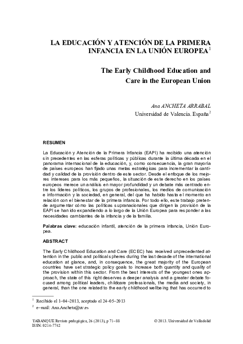 (PDF) La educación y atención de la primera infancia en la Unión Europea