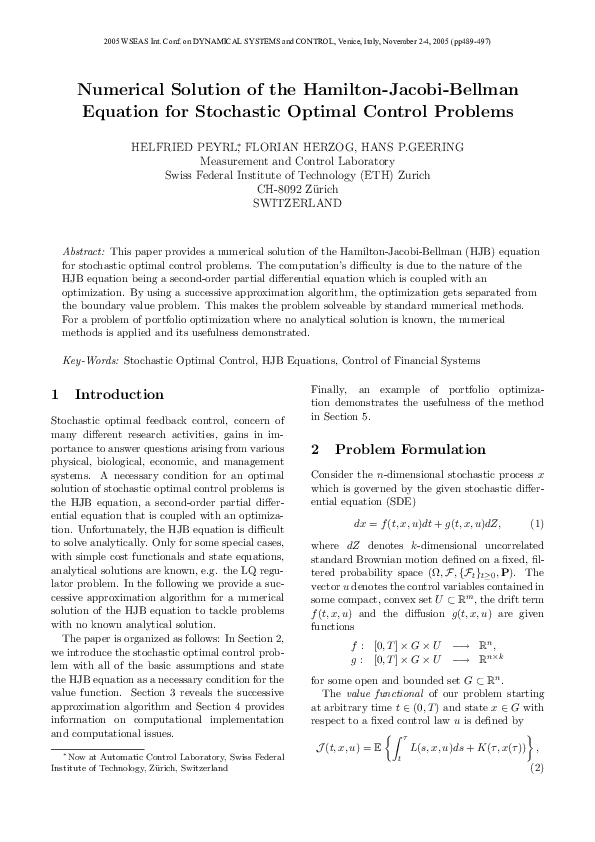 (PDF) Numerical solution of the Hamilton-Jacobi-Bellman equation for ...