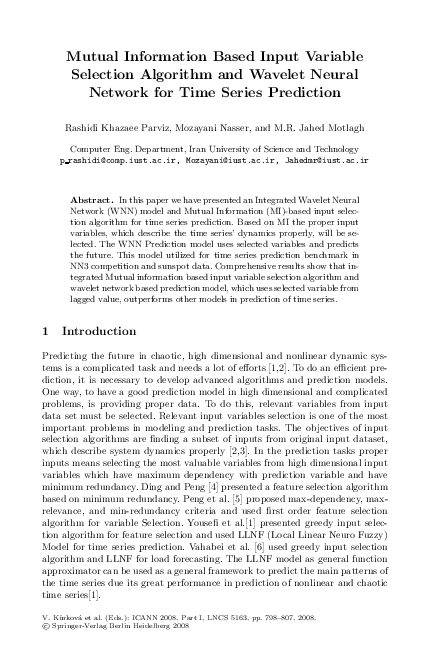 Pdf Mutual Information Based Input Variable Selection Algorithm And Wavelet Neural Network For 