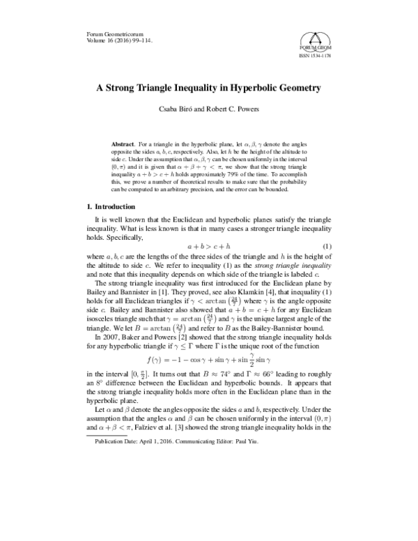 (PDF) A Strong Triangle Inequality in Hyperbolic Geometry