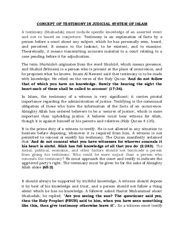 (DOC) CONCEPT OF TESTIMONY IN JUDICIAL SYSTEM OF ISLAM