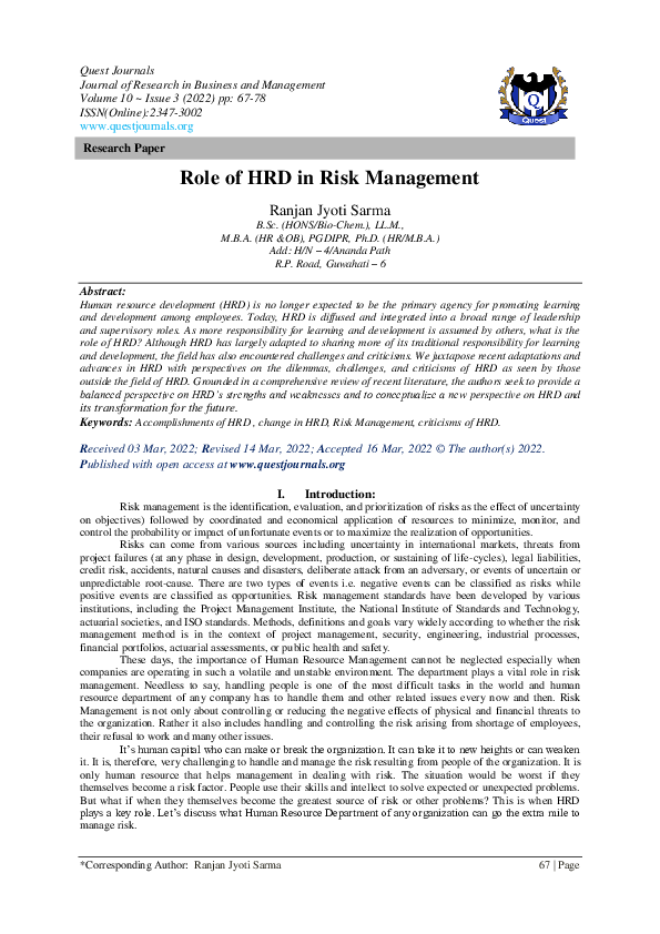 (PDF) Role of HRD in Risk Management