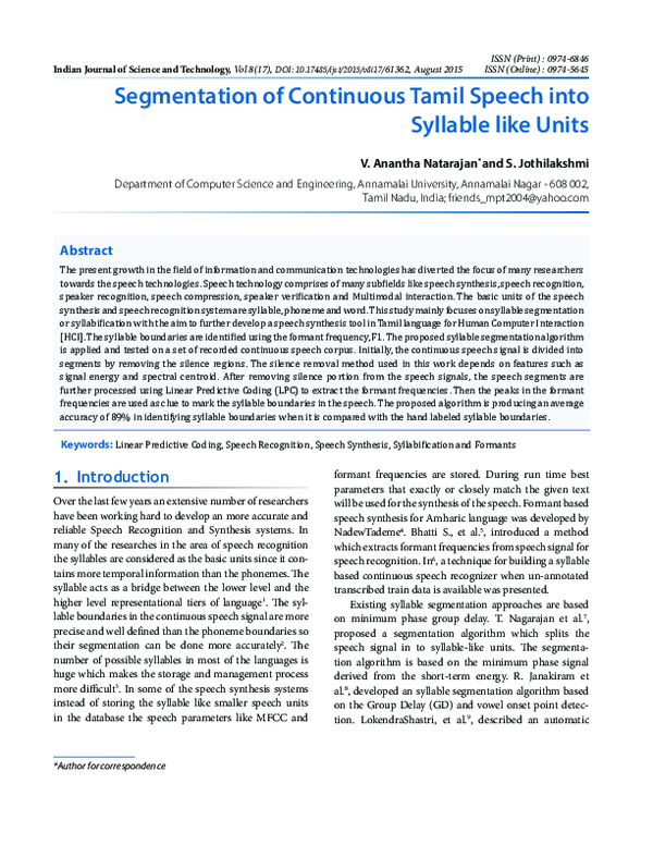 (PDF) Segmentation of Continuous Tamil Speech into Syllable like Units