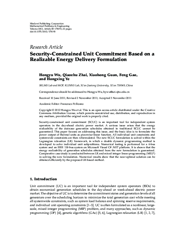 Pdf Security Constrained Unit Commitment Based On A Realizable Energy Delivery Formulation