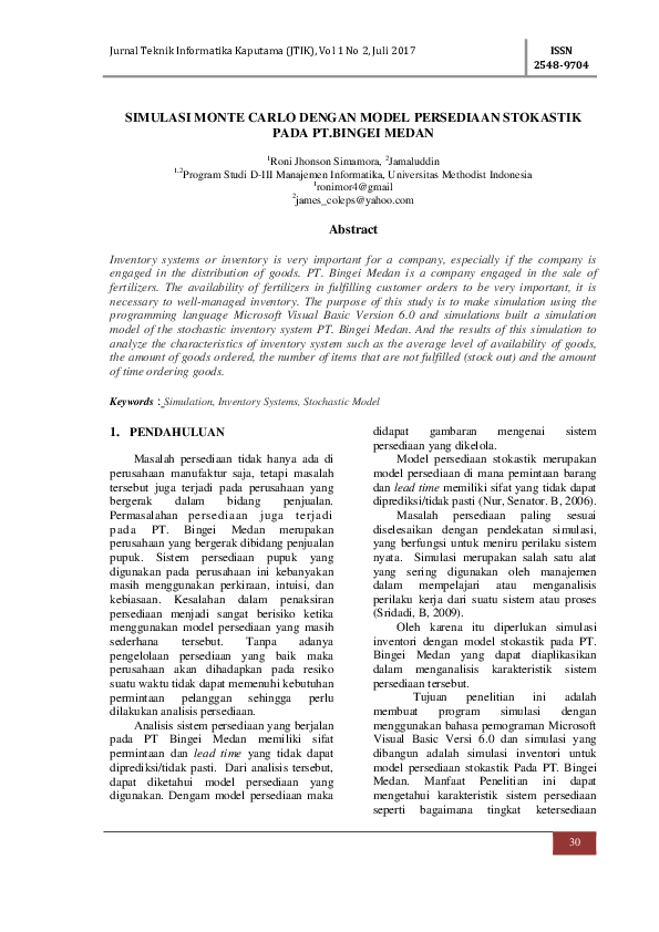 (PDF) Simulasi Monte Carlo dengan Model Persediaan Stokastik pada PT ...