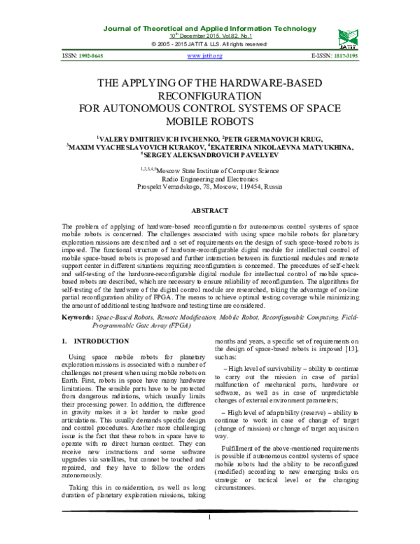 (PDF) The Applying of the Hardware-Based Reconfiguration for Autonomous Control Systems of Space ...