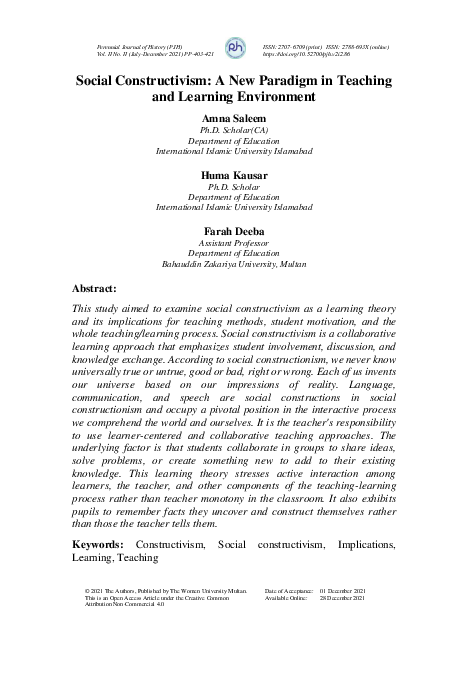 (PDF) Social Constructivism: A New Paradigm in Teaching and Learning ...